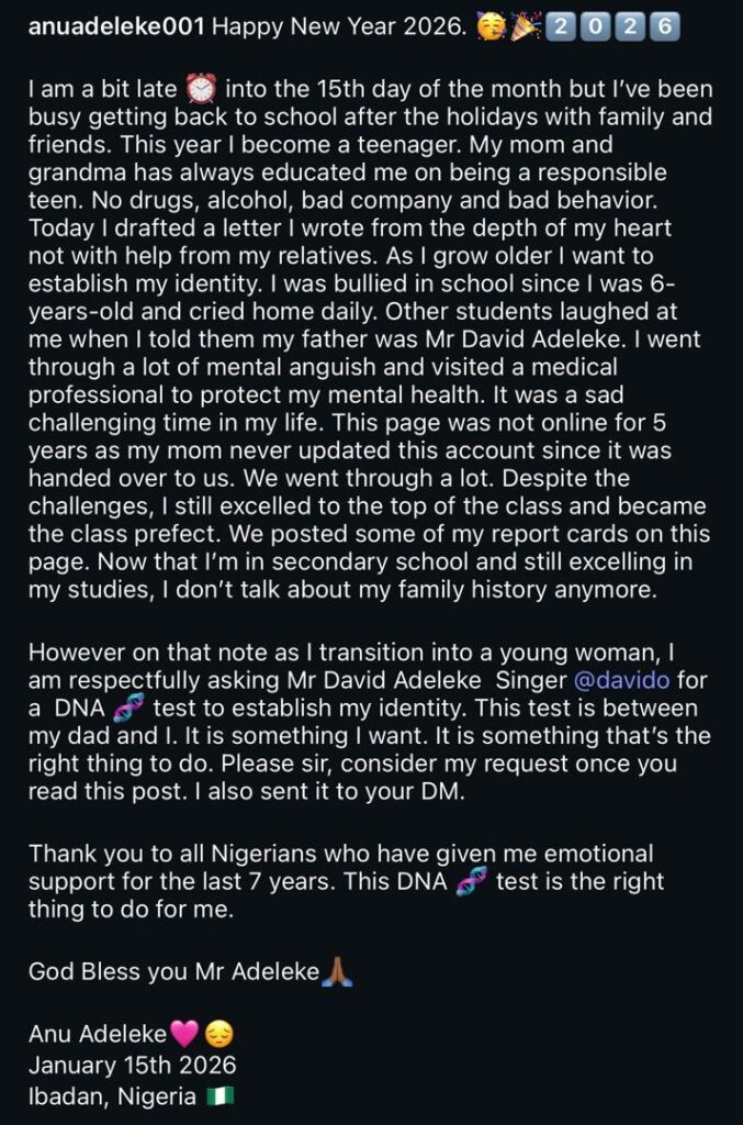 “I Was Bullied” — Davido’s Alleged Daughter Appeals for DNA Test